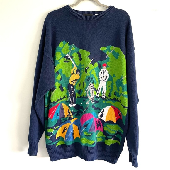 CF Hathaway | Sweaters | Vintage Cf Intarsia Navy Novelty Golf Theme ...